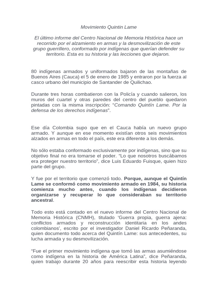 Historia del Movimiento Quintín Lame | PDF