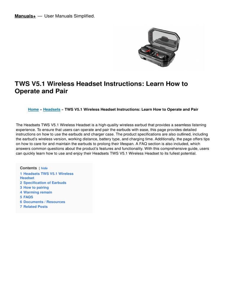 Tws v5 1 Wireless Headset Manual | PDF | Headphones | Electronics