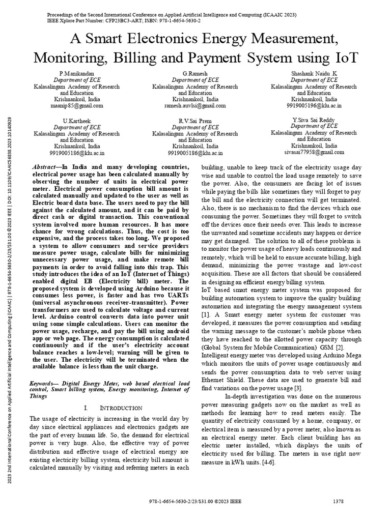 A Smart Electronics Energy Measurement Monitoring Billing and Payment System Using IoT | PDF ...