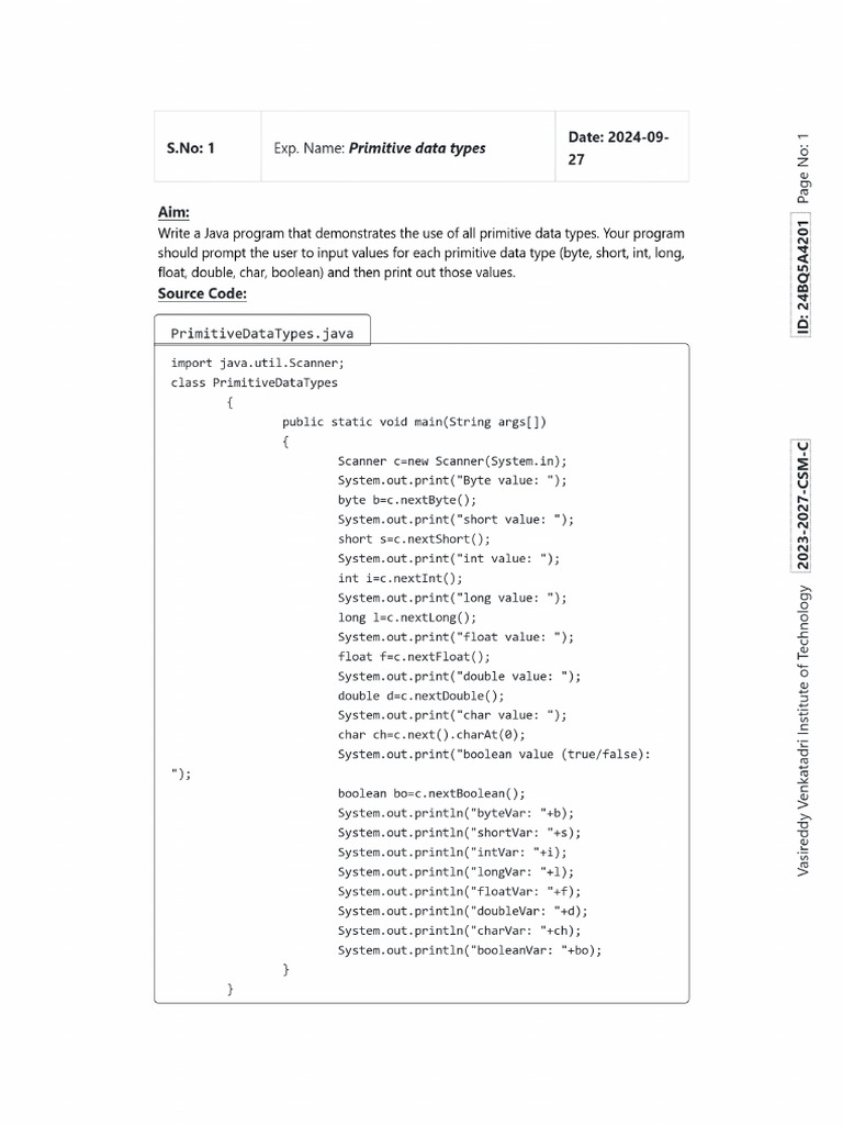 24BQ5A4201 Object Oriented Lab Record 2024-11-27 | PDF