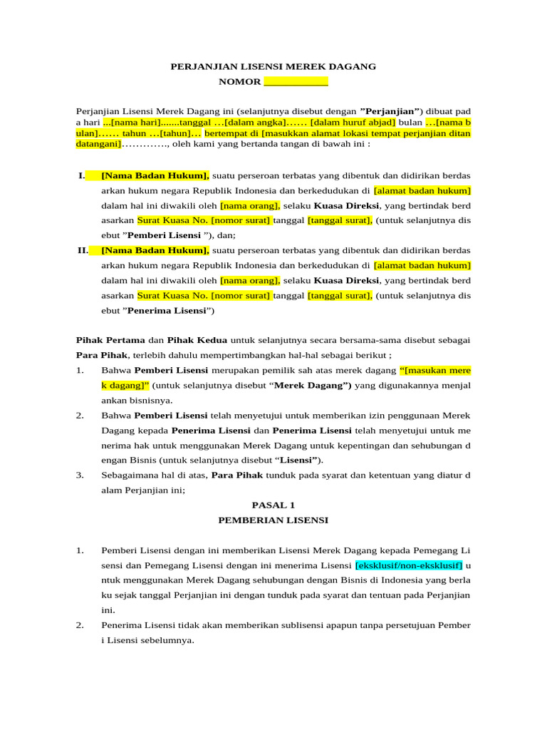Perjanjian Lisensi Merek Dagang | PDF