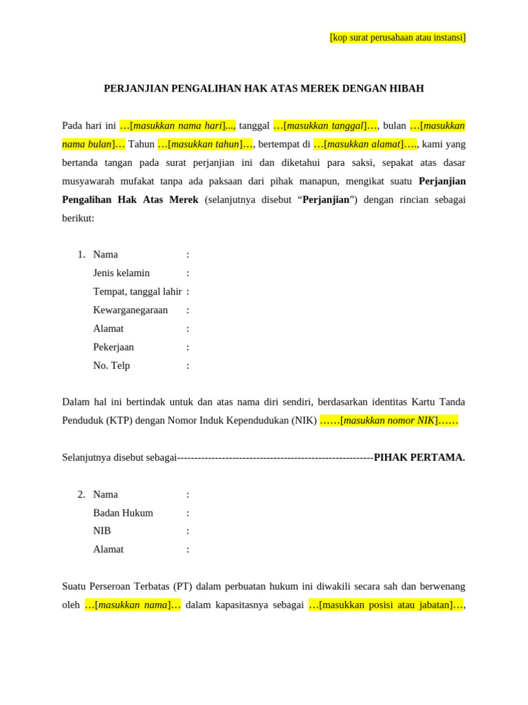 Perjanjian Hibah Hak Merek Resmi | PDF