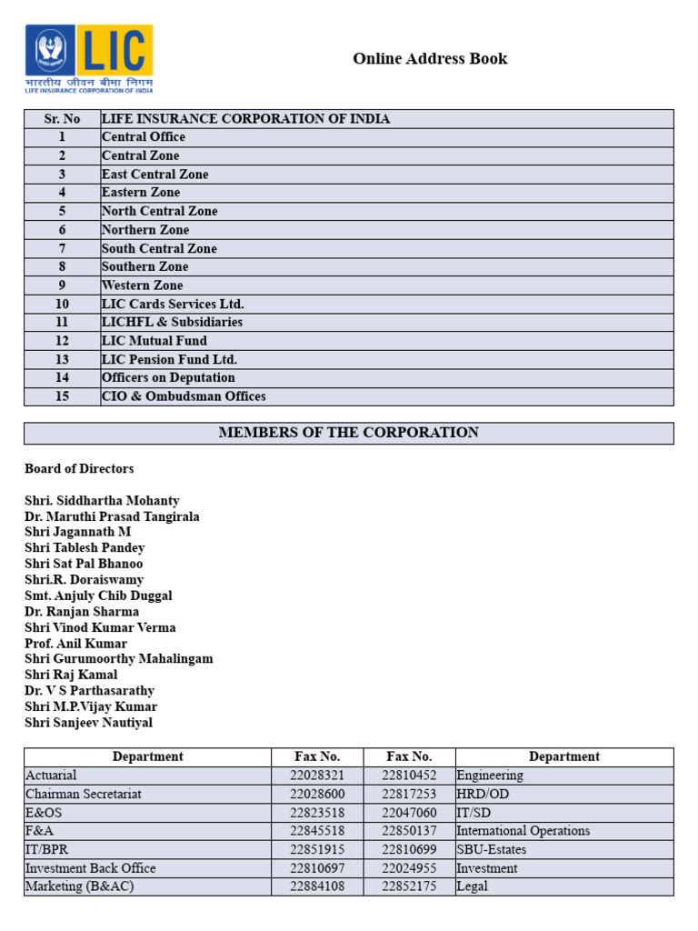 LIC AddressBookJune24 | PDF | Financial Services