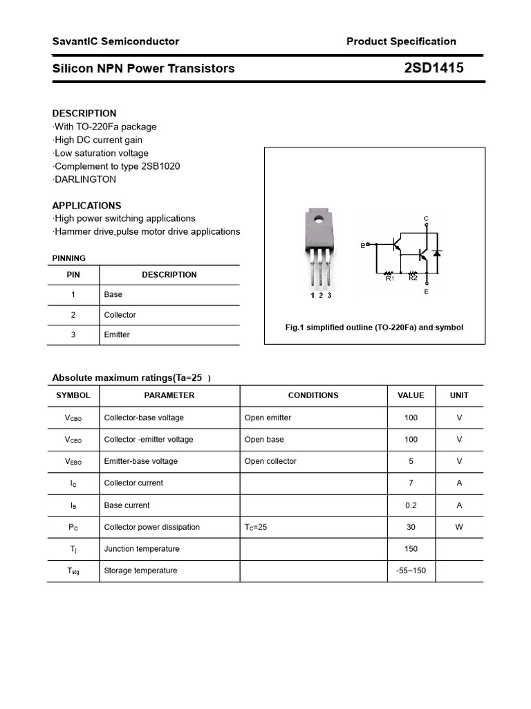 D1415 Silicon NPN Power Transistors | PDF | Bipolar Junction Transistor | Transistor