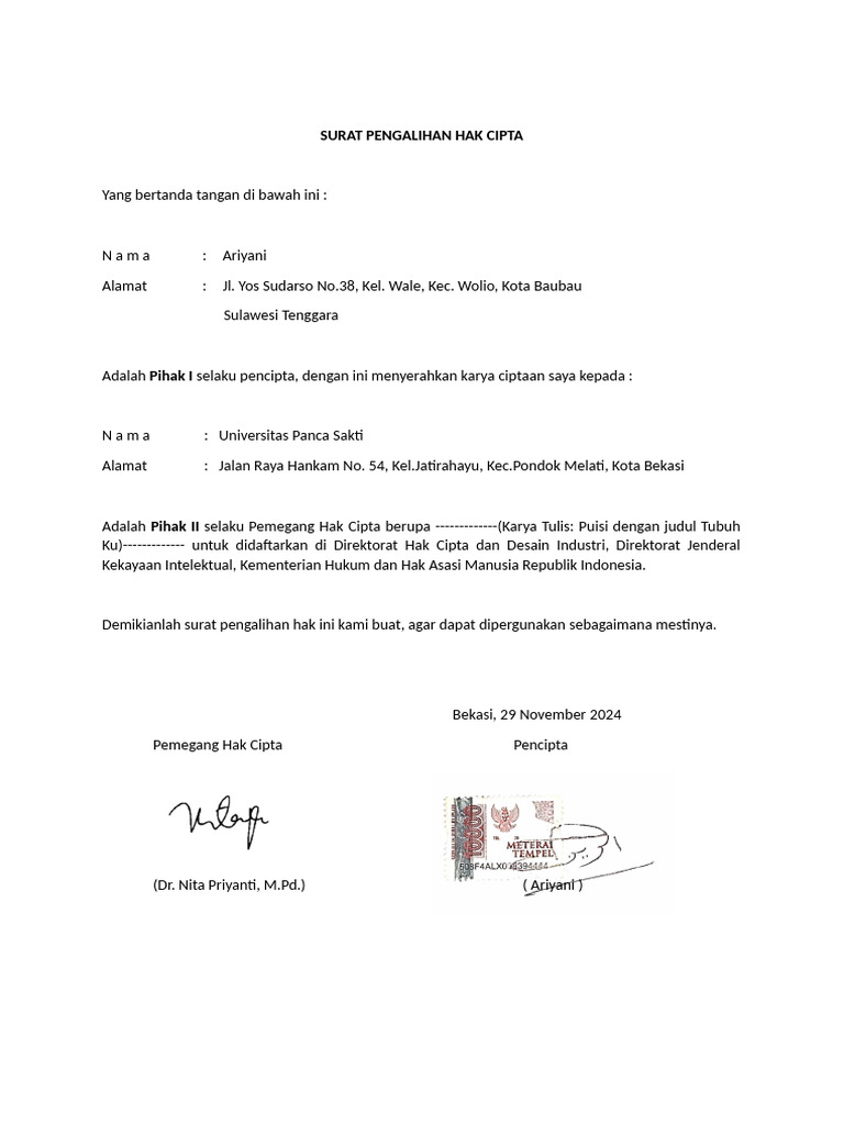Surat Pengalihan Hak Cipta | PDF