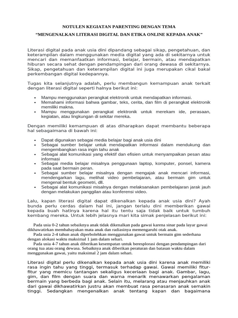 Notulen Kegiatan Parenting Dengan Tema | PDF