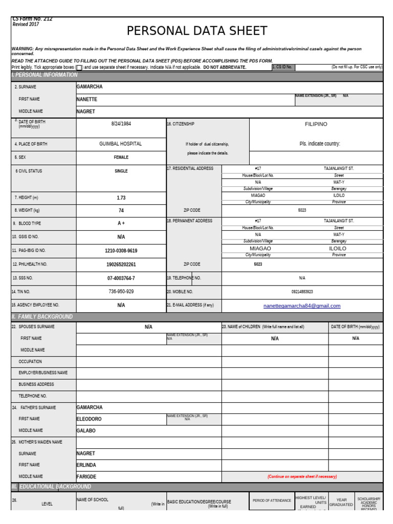 Personal Data Sheet (PDS) Guide 2017 | PDF
