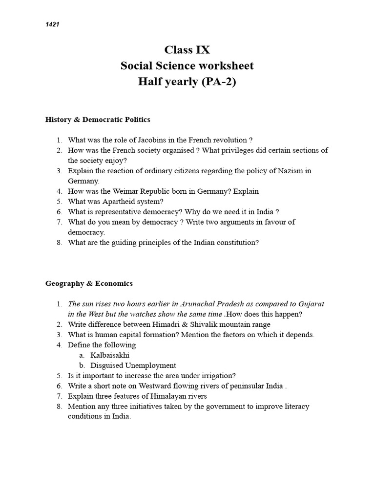 Worksheet -Social studies half yearly for class IX | PDF