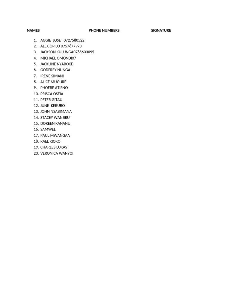 Names Phone Numbers Signature | PDF