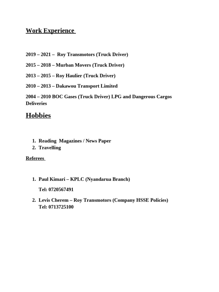 Truck Driver Work Experience Summary | PDF