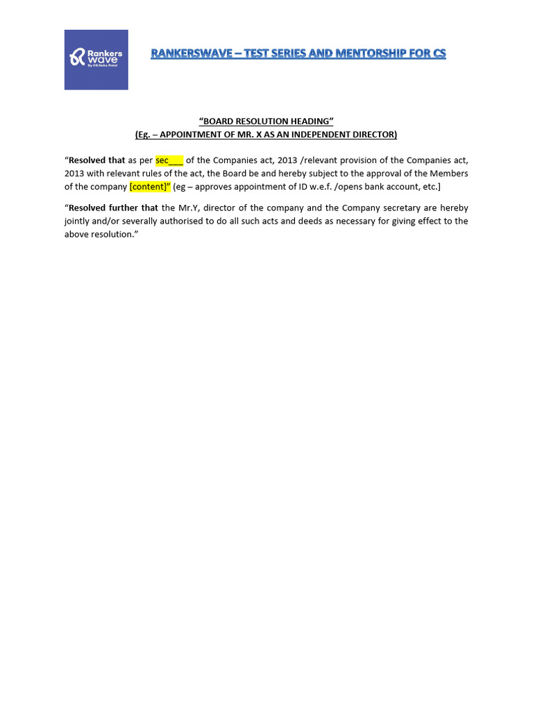 Board Resolution for Director Appointment | PDF