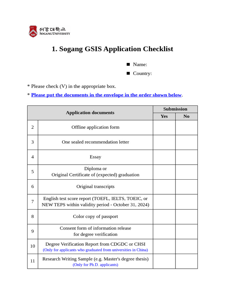 Sogang GSIS - Application Checklist | PDF
