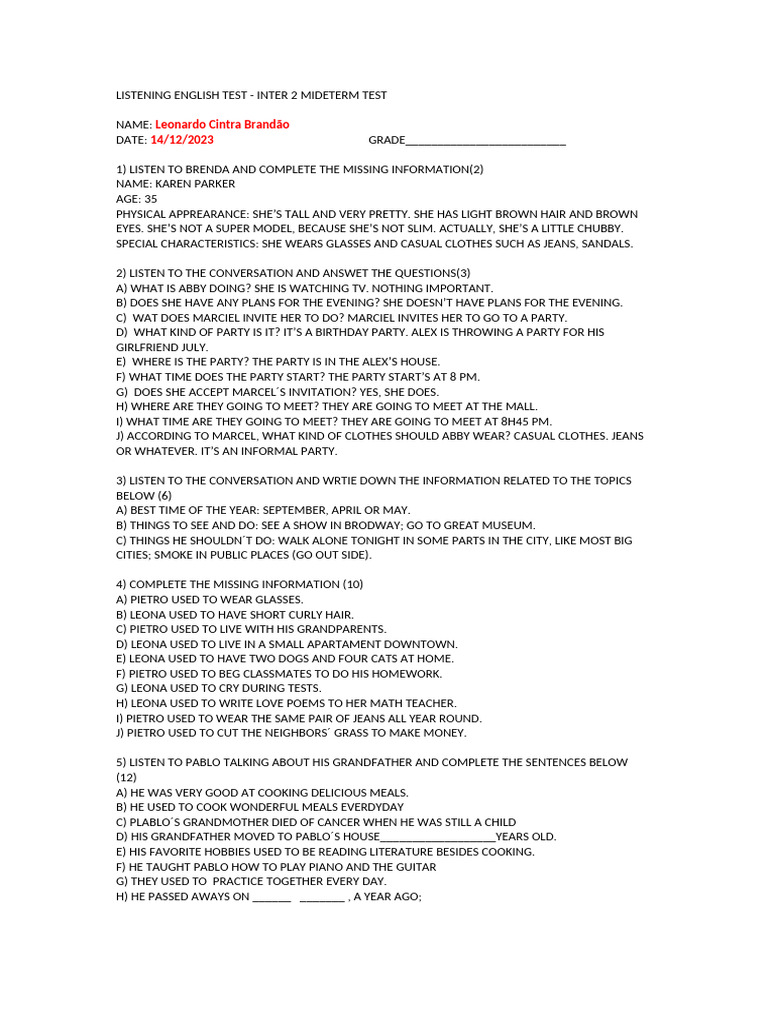 Listening English Test Inter 2 Midterm Test | PDF