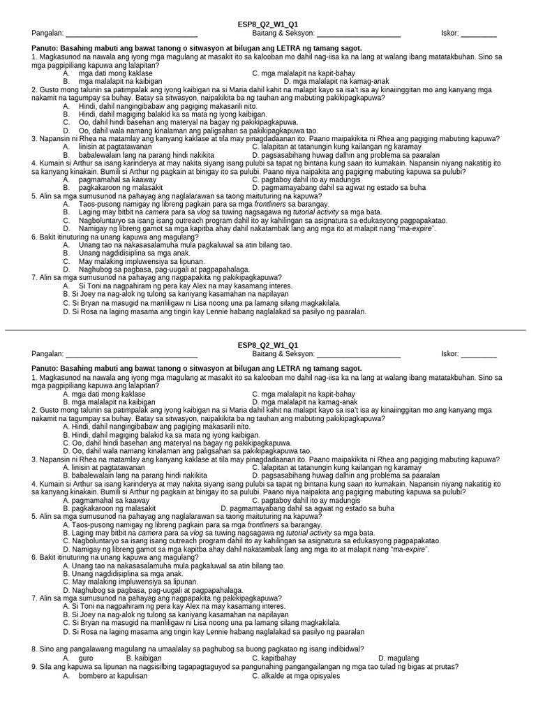 ESP8_Q2_W1_Q1 - Quiz 1 - Kapuwa, Sino Sila - Ang Impluwensiya ng Pakikipagkapwa | PDF
