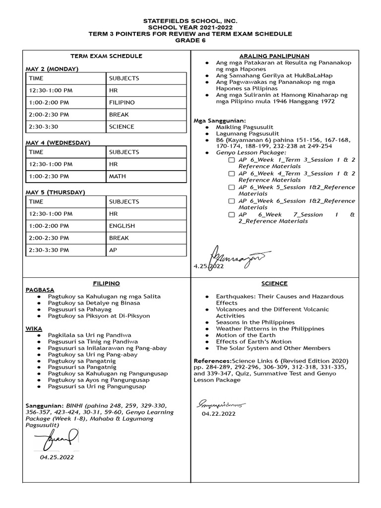 Grade 6 Pointer Schedule Term Exam 3 | PDF | Verb | Grammatical Tense