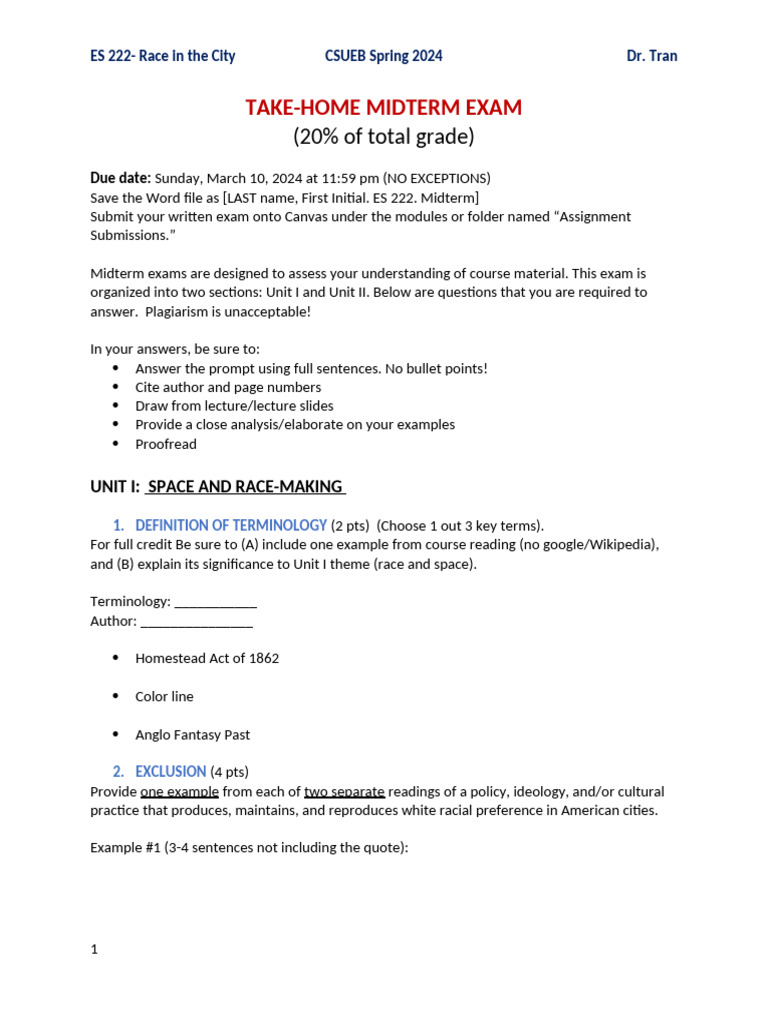 ES 222 Takehome Midterm Exam - Tnv8mp6 | PDF | Race (Human Categorization) | Politics And Race