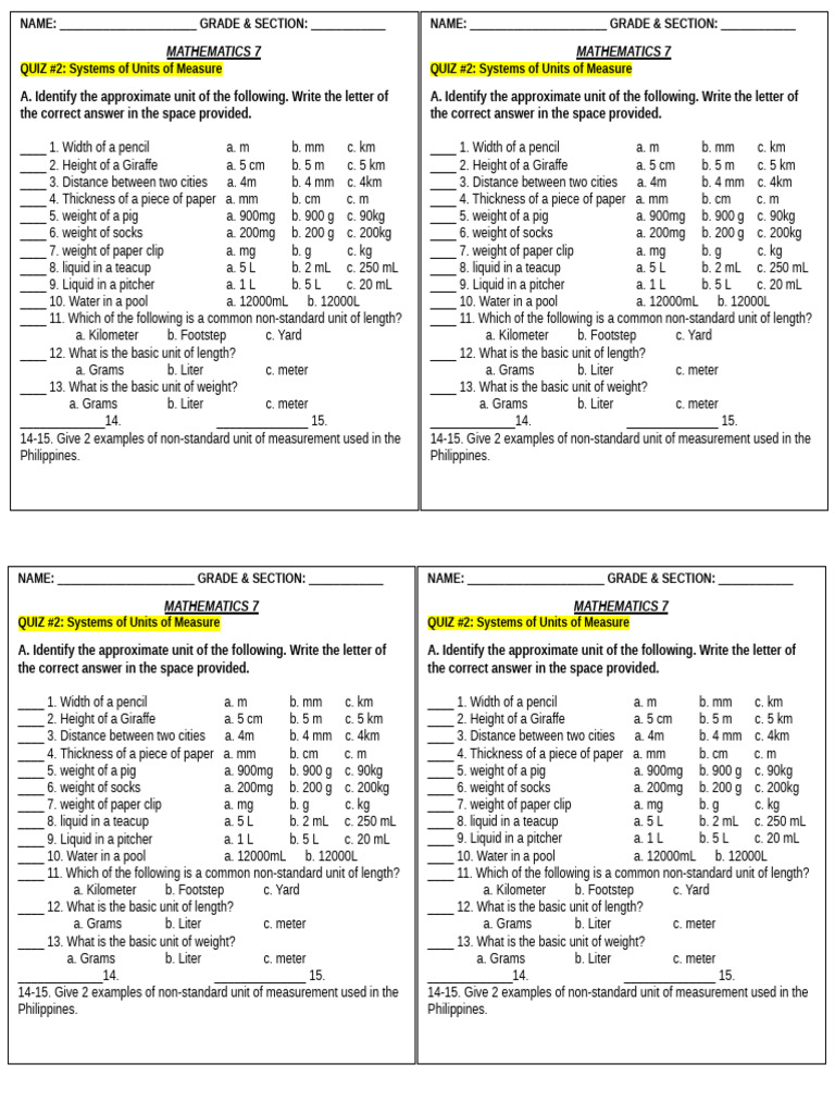Quiz #2 - Unit of Measurement | PDF | Length | Litre