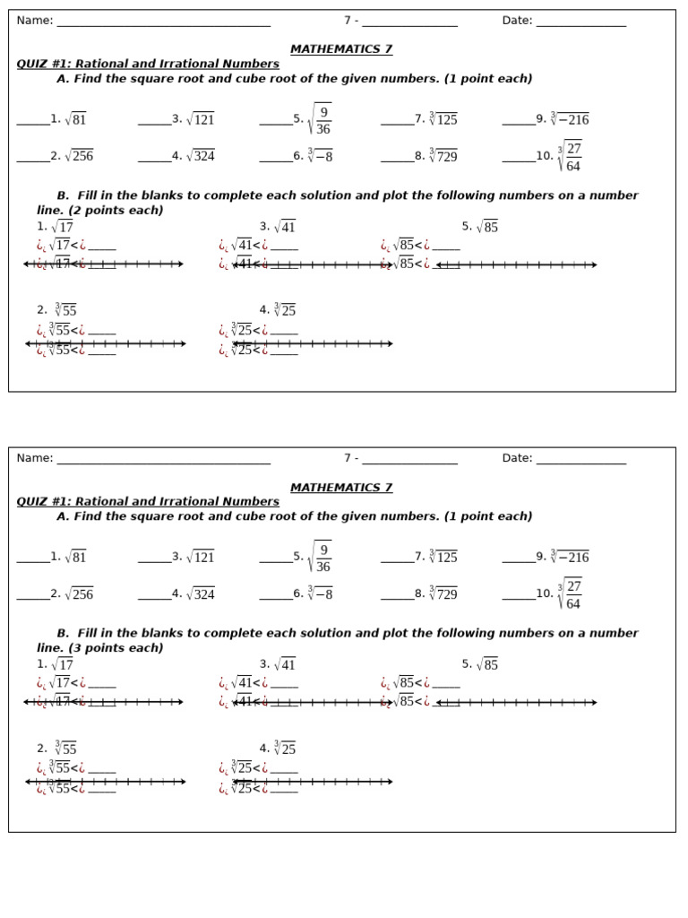 Quiz on Rational and Irrational Numbers | PDF | Elementary Mathematics ...