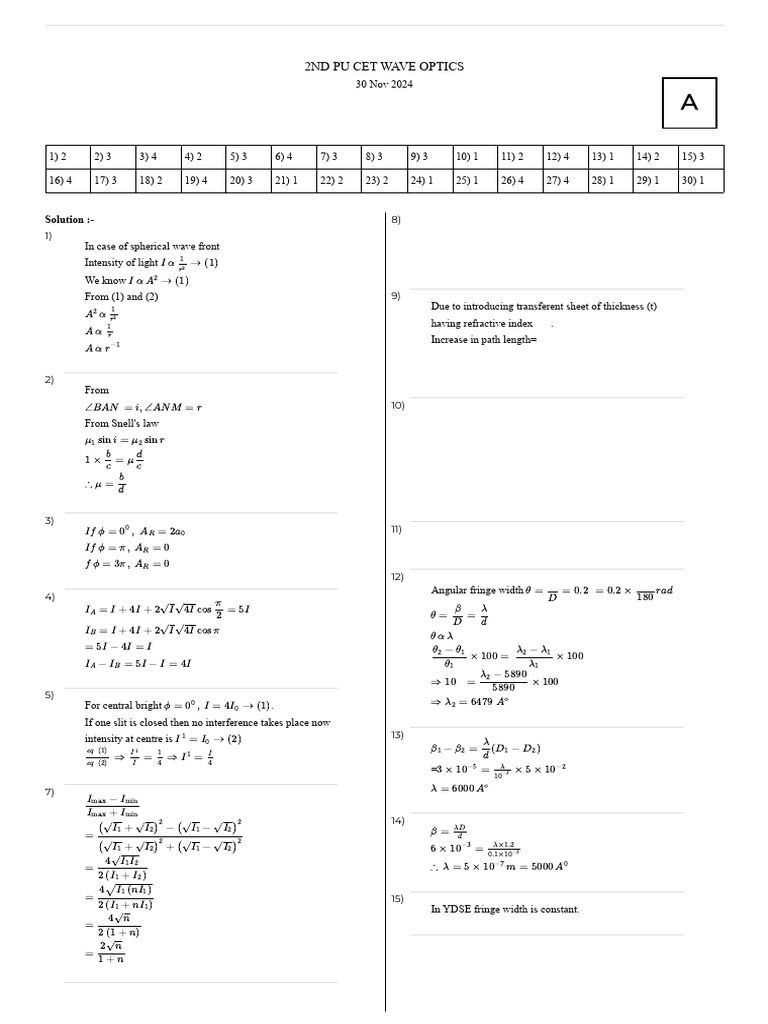 2ND PU CET WAVE OPTICS SOLN | PDF | Optics | Physical Sciences