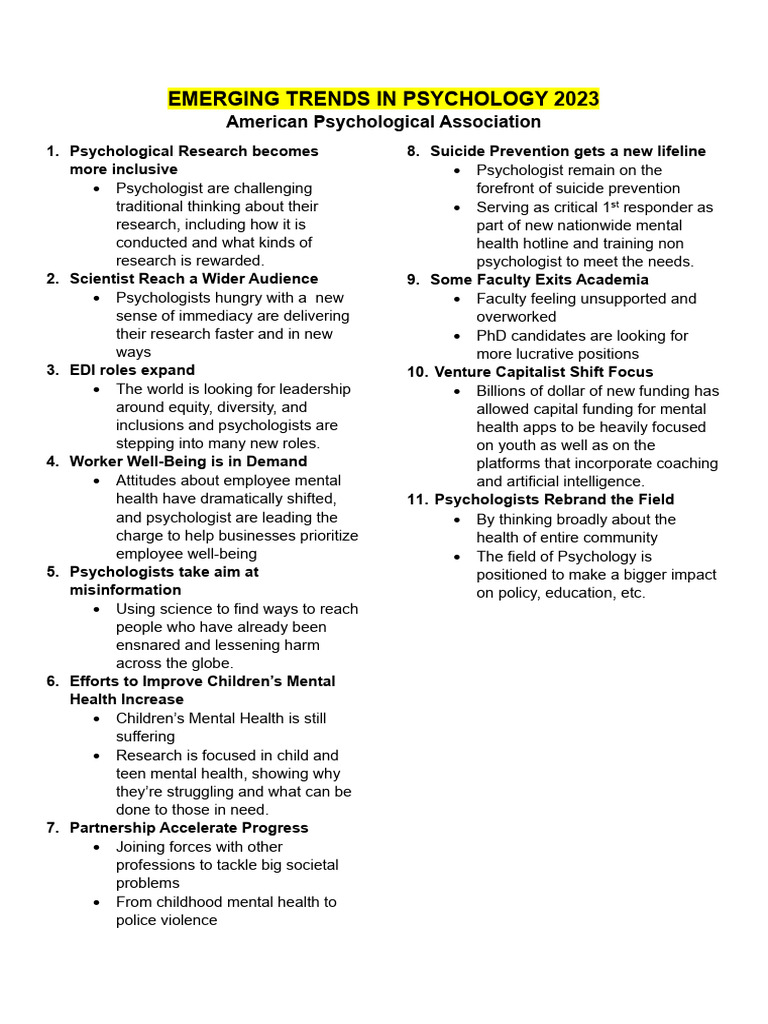 Emerging Trends in Psychology 2023-2024 | PDF | Mental Health ...