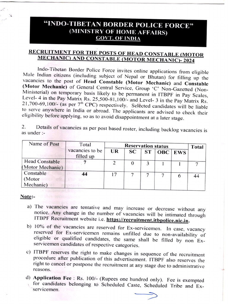ITBP SarkariResult HC COnstable Motor Mechanic Nov24 | PDF