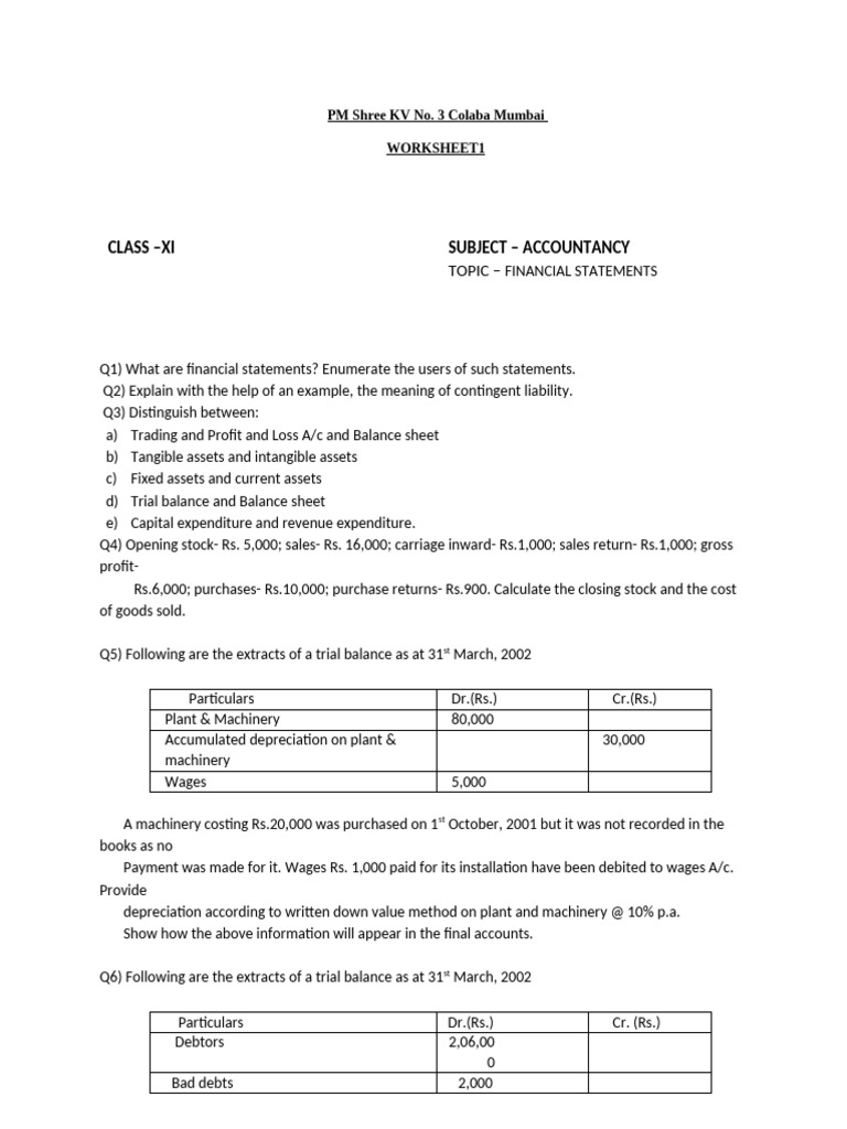 Class 11 Accountancy Worksheet | PDF | Bad Debt | Debt