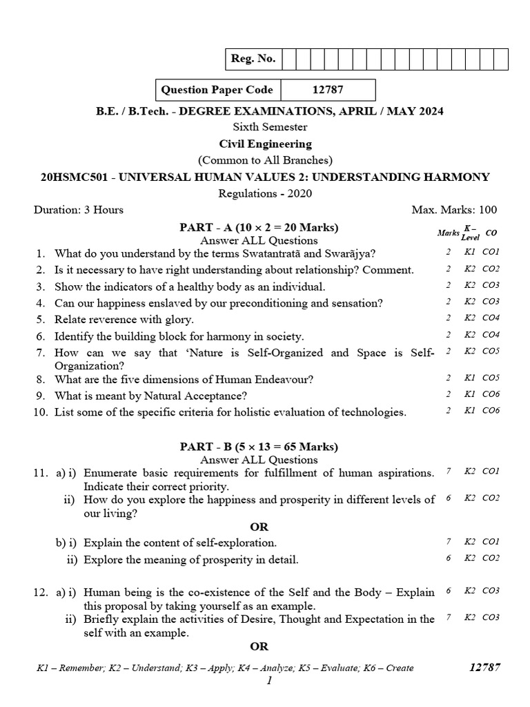 Question Papers-UHV | PDF | Cognition | Social Psychology