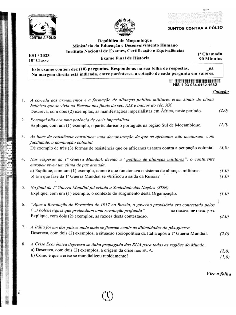 Exame de História 10 Classe - 1 Época-20241126170732 | PDF