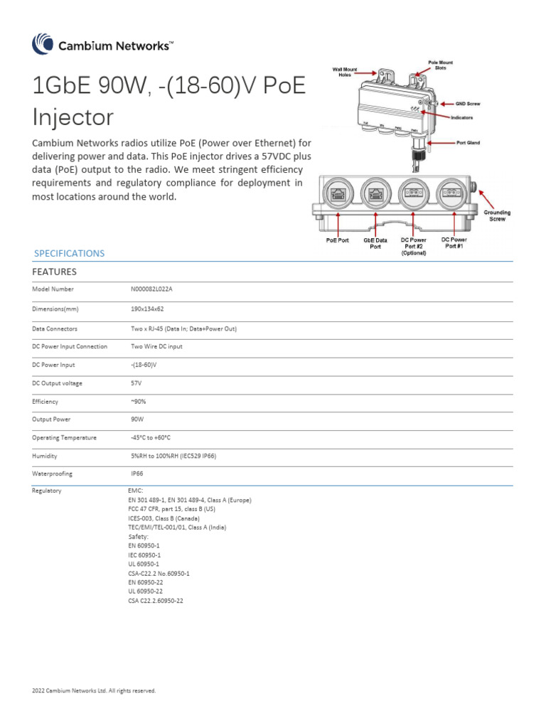 PoE - Injector - N000082L022A - Specification Sheet | PDF