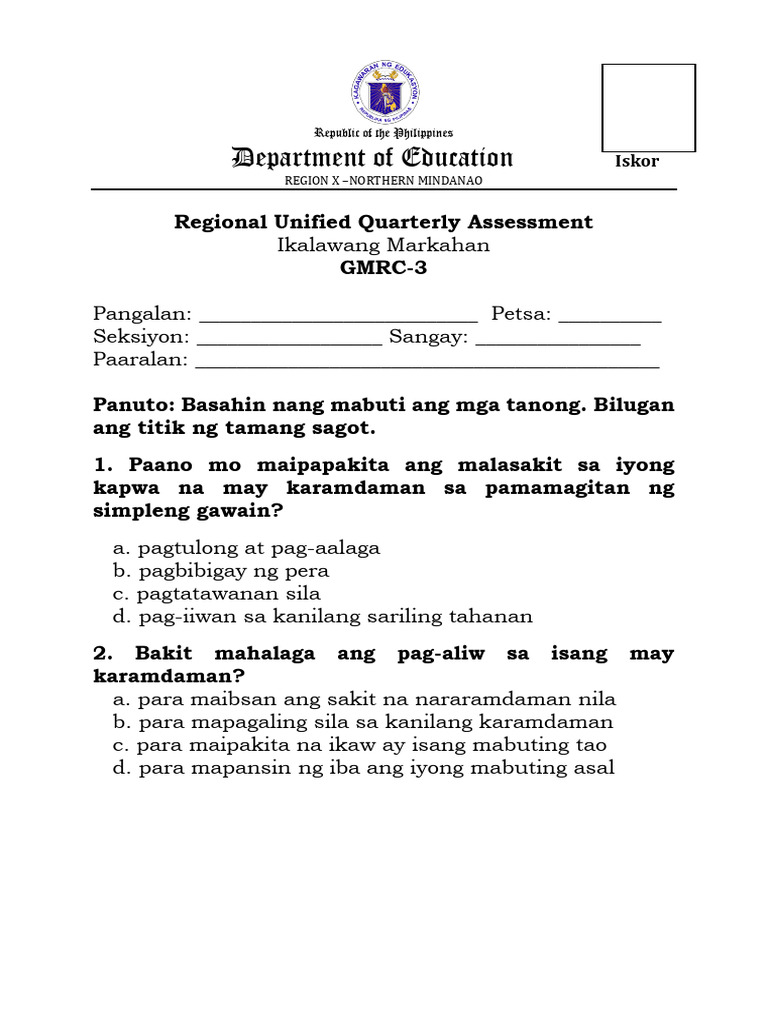 Grade 3 - GMRC 2Q RUQA FINAL QUESTIONS | PDF