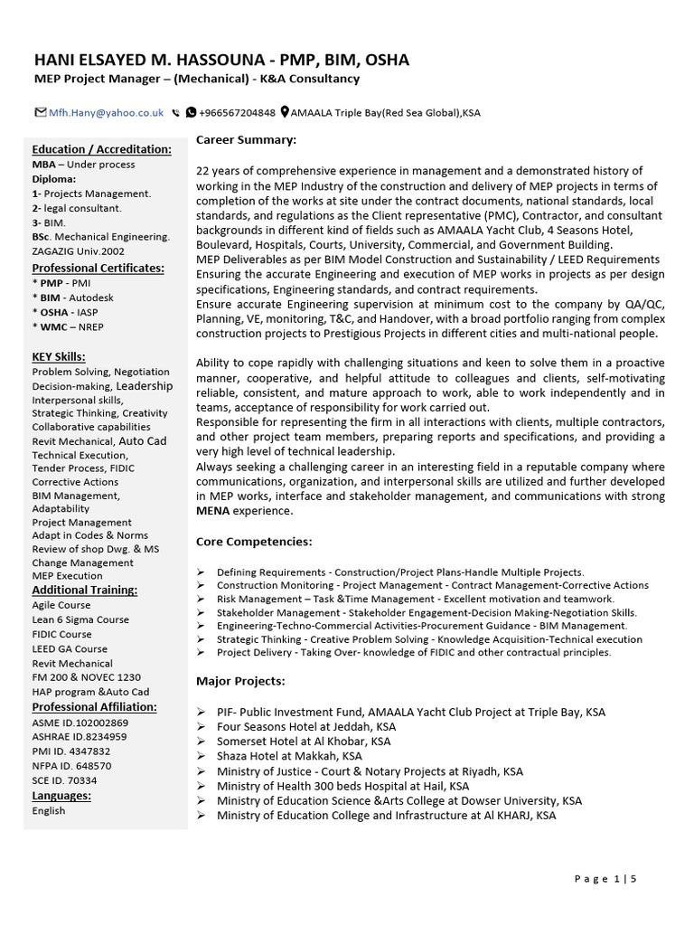 CV-Hani Hassouna-MEP Manager - 01-01-2024 | PDF | Project Management | Building Information Modeling