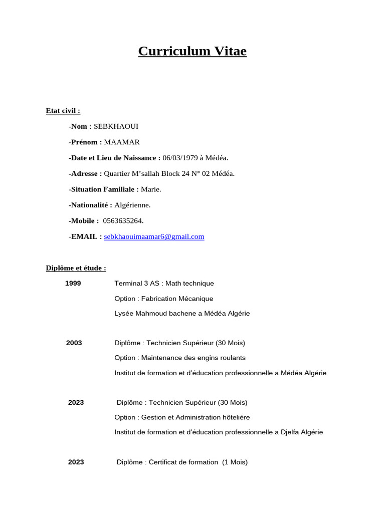 CV de Maamar Sebkhaoui, Vendeur en Pharmacie | PDF