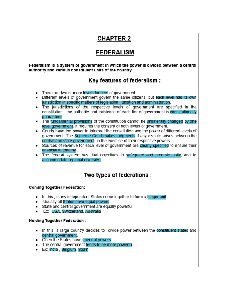 Revision Notes Federalism | PDF | Federalism | Federation