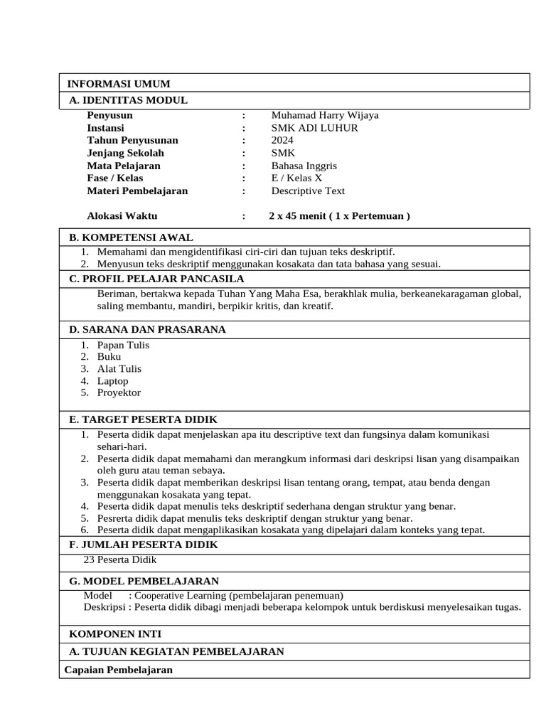 Modul Ajar Fase E Descriptive Text Pert. 2 | PDF