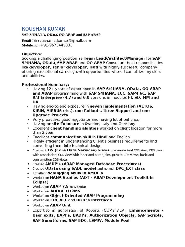 Sap Abap Abap On Hana Odata Resume Pdf Computing Computer Programming 2773