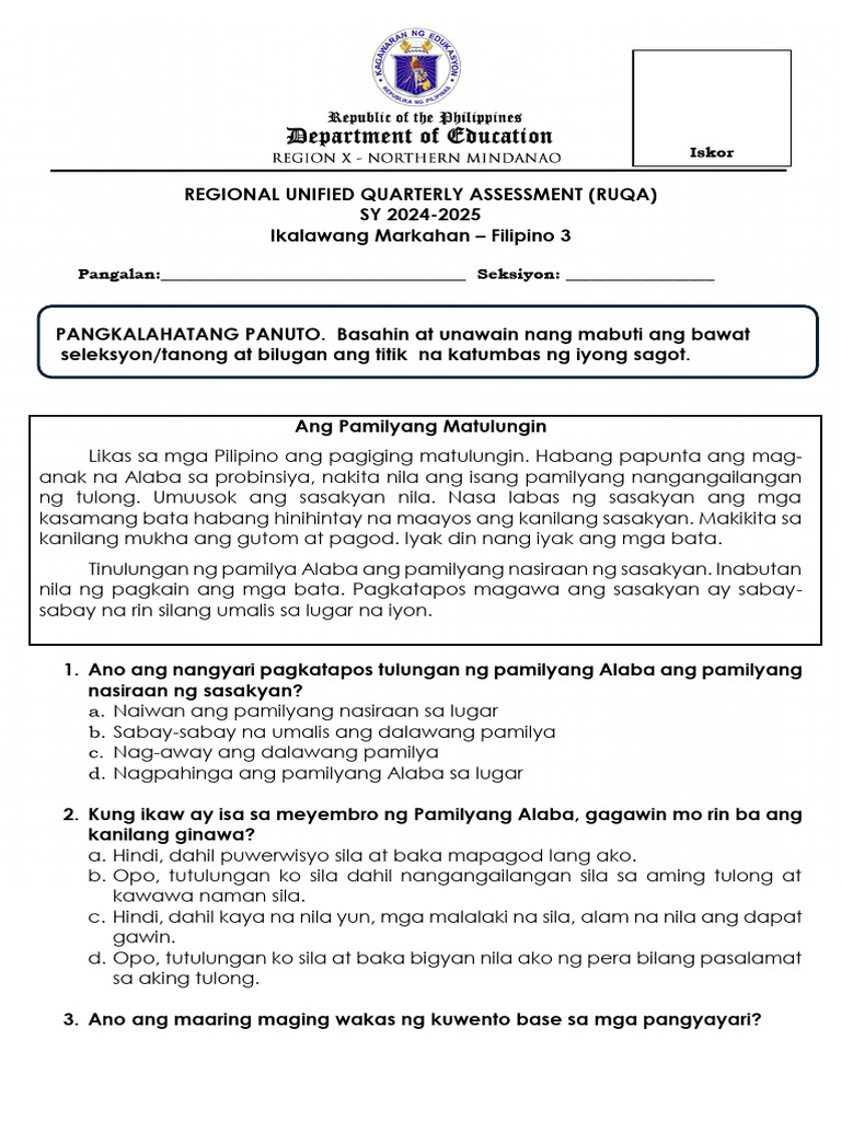 Filipino 3 - Quarter 2 - RUQA | PDF