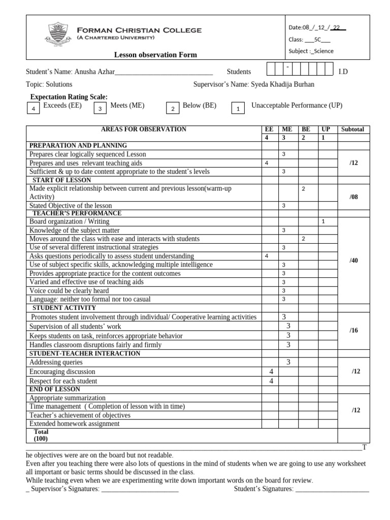 Anusha Azhar Observation Form Revised | PDF | Teachers | Liberal Arts ...