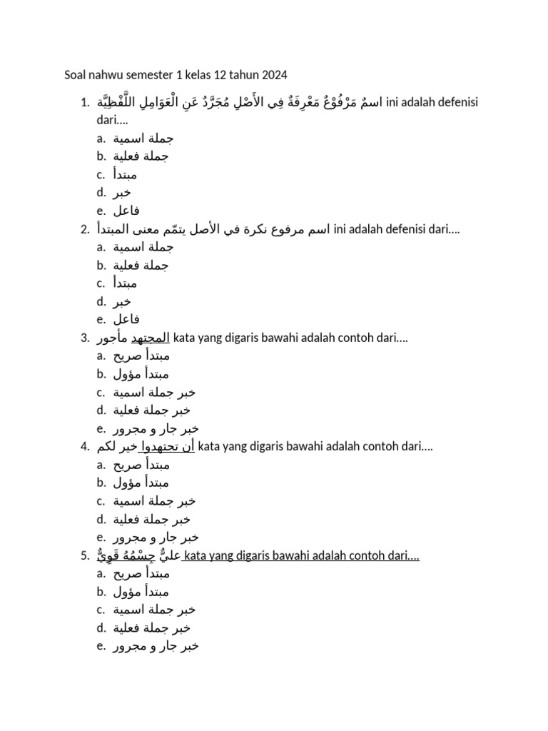 Soal Nahwu Semester 1 Kelas 12 Tahun 2024 | PDF