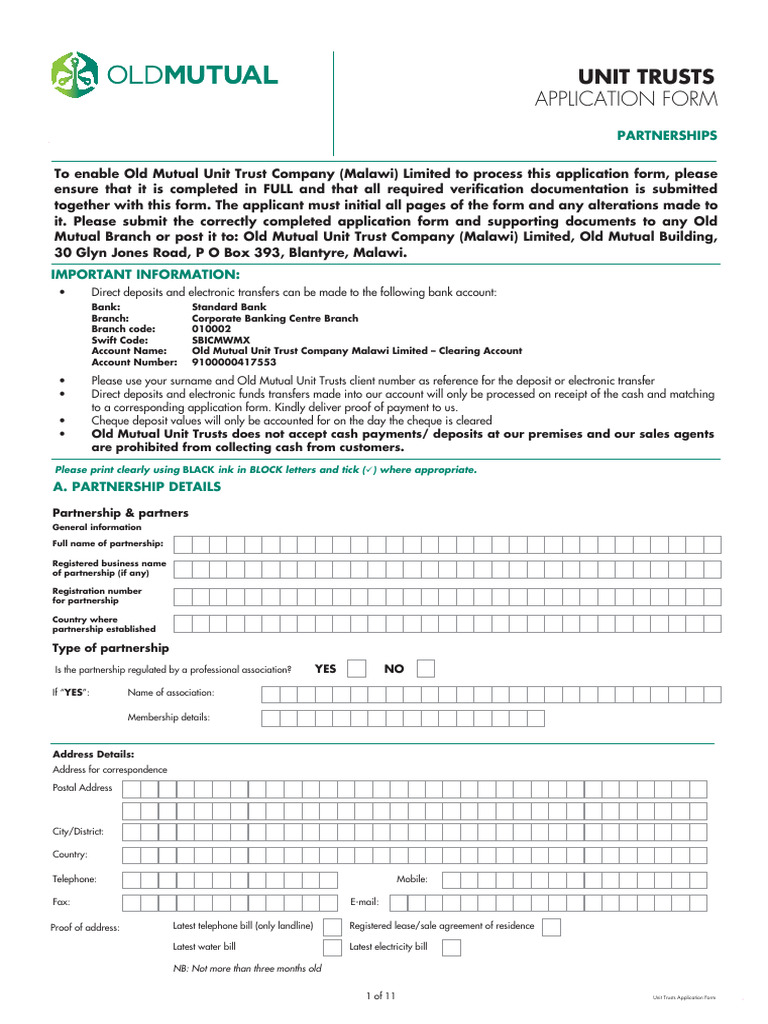Unit Trusts Application Form - Partnerships | PDF | Banks | Investment Fund