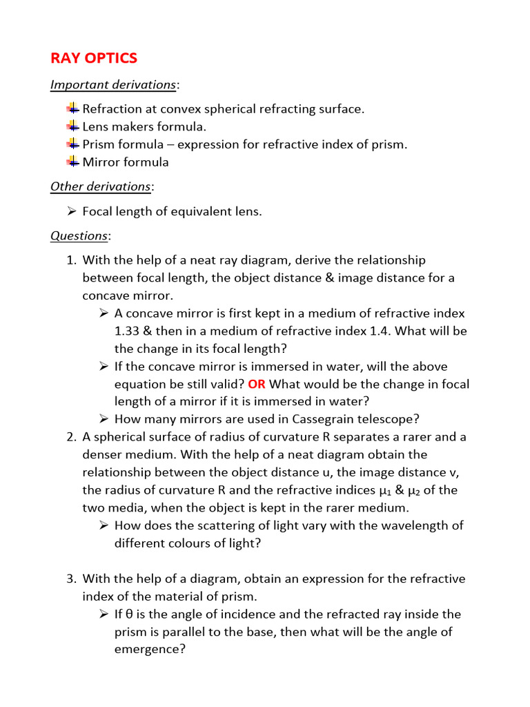 Ray Optics - Questions bank | PDF