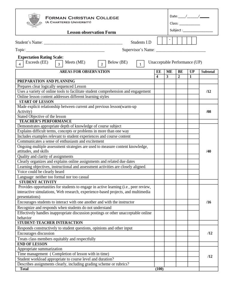 Observation Form Revised For Virtual Internship | PDF | Learning ...