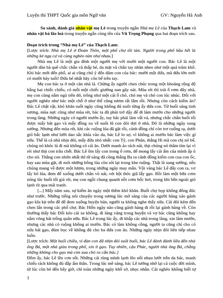 So Sánh Nhà Mẹ Lê Và Bà Lão Loà ĐA | PDF