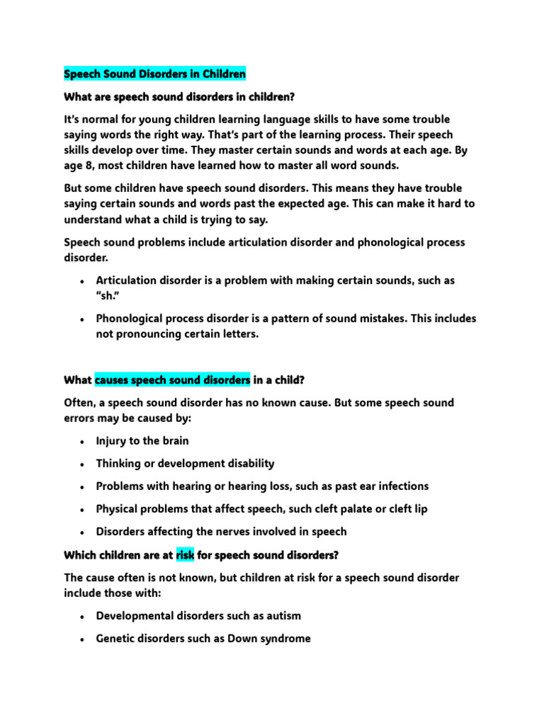 Speech Sound Disorders in Children Typescauses Handouts | PDF | Speech ...