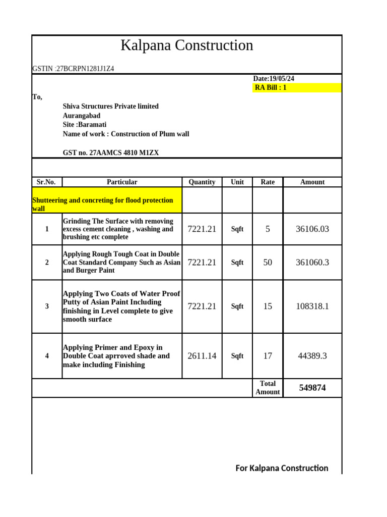 Construction RA Bill for Baramati Site | PDF | Materials