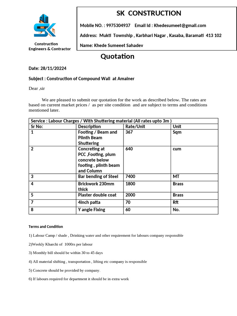 Quotation Revised With Shuttering Material | PDF