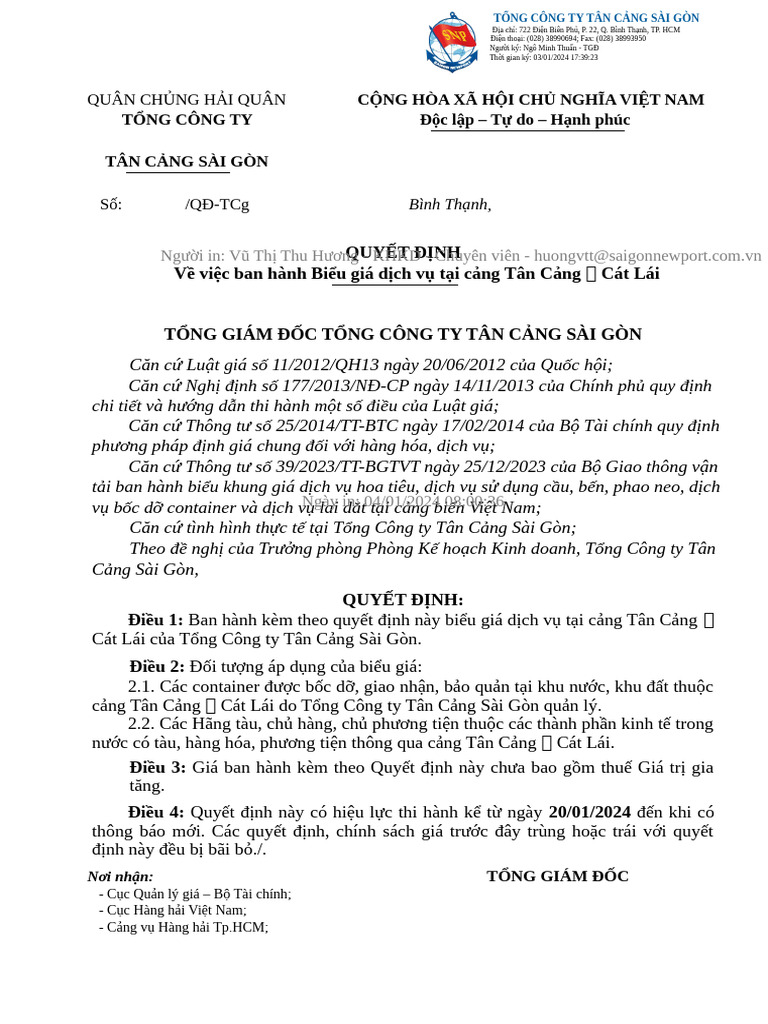 Bieu Gia Dich Vu Tai Cang TCCL 2024 | PDF