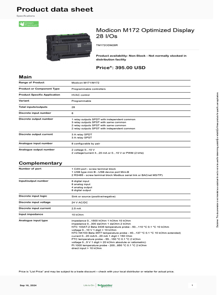 Schneider Electric Modicon M171 M172 Logic Controller TM172ODM28R | PDF ...