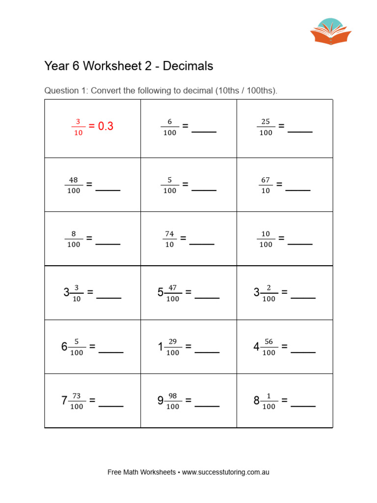 Year 6 Decimal Conversion Worksheet | PDF