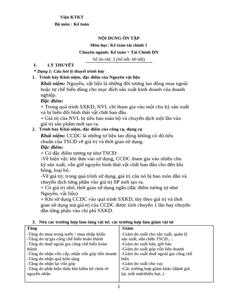 ĐỀ CƯƠNG ÔN TẬP KTTC 1- 2024-(3TC)- Ngành KT+ TC- Gửi GV | PDF