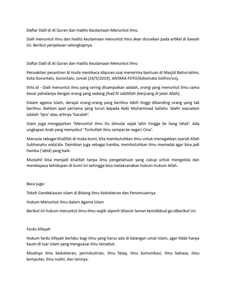 Daftar Dalil Di Al Quran Dan Hadits Keutamaan Menuntut Ilmu Gavin | PDF